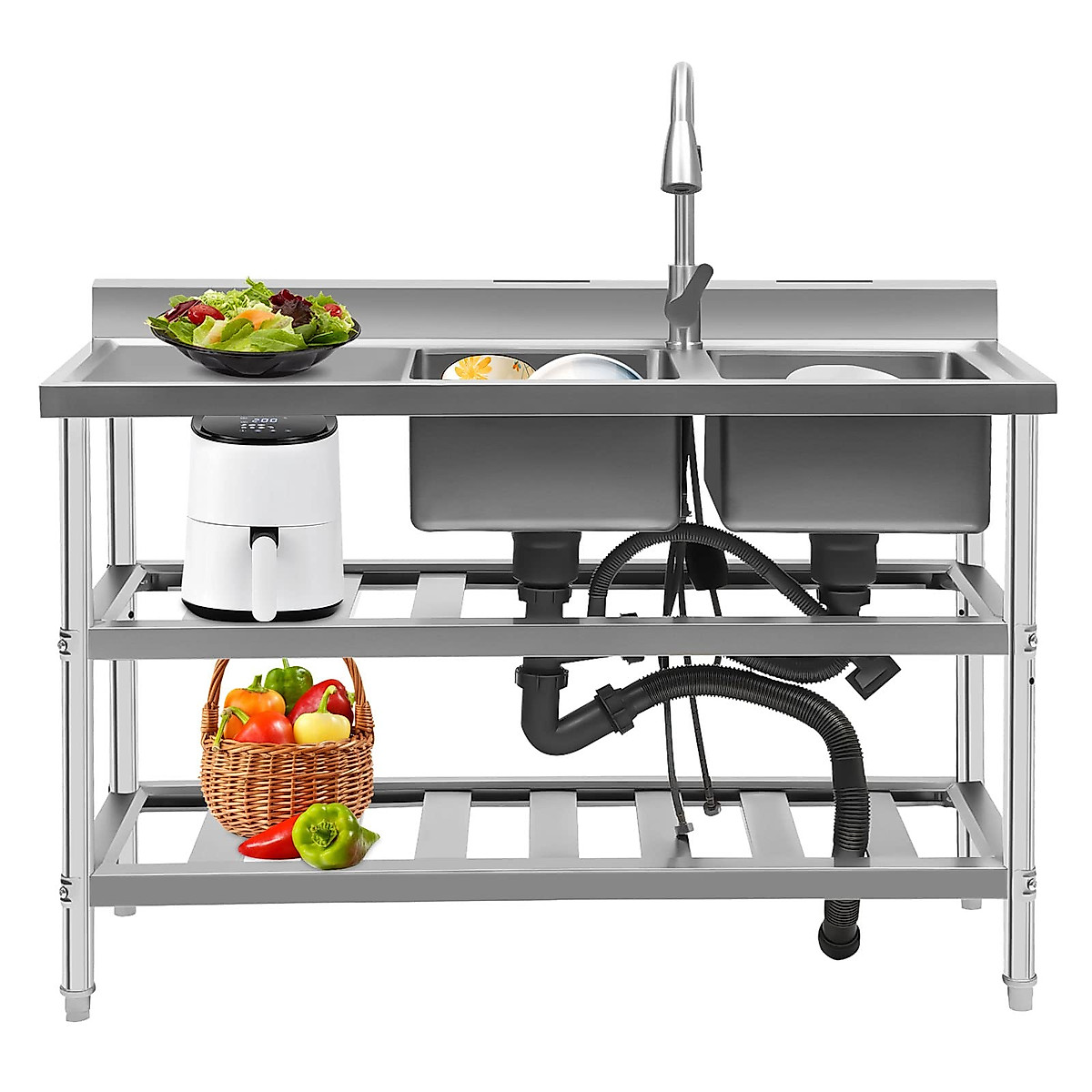 Stainless Steel Commercial Kitchen Sink Set, 47.2" x 17.7" x 31.5" Double Kitchen Sinks Free Standing Prep & Utility Restaurant Garage Kitchen Sink for Restaurant, Kitchen