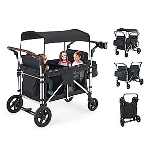 Stroller Wagon for 4 Kids, Wagon Cart Featuring 4 High Seat with 5-Point Harnesses and Adjustable Canopy, Foldable Double Push Bar Wagon Stroller for Garden, Stroller, Camping (Black)