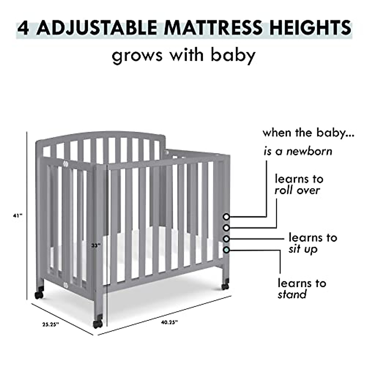 DaVinci Dylan Folding Portable 3-in-1 Convertible Mini Crib and Twin Bed in Grey, Greenguard Gold Certified