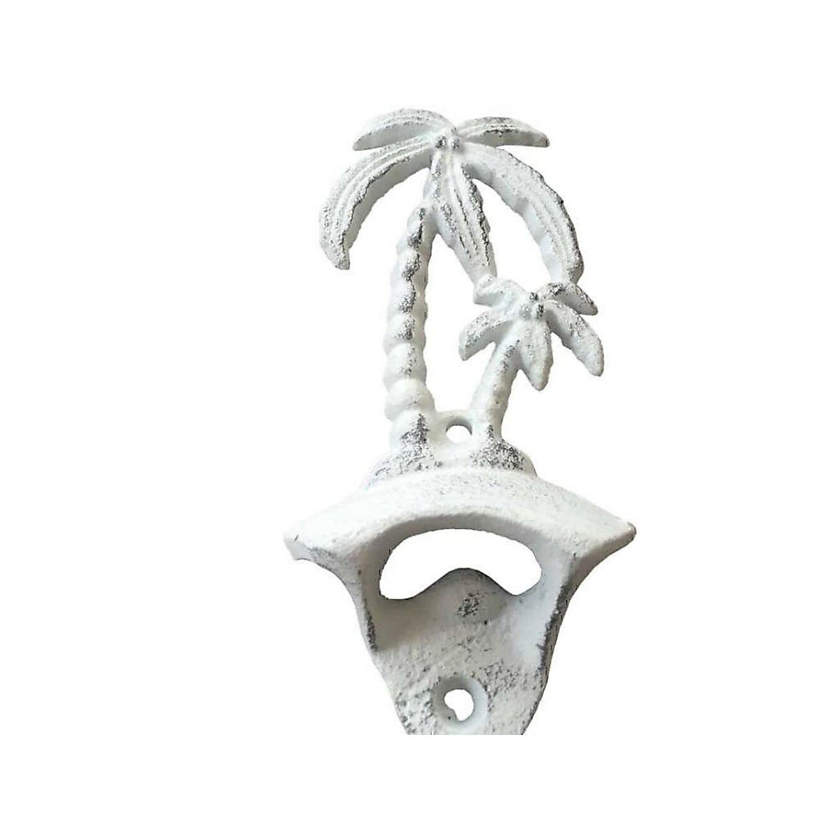 Handcrafted Nautical Decor Rustic Whitewashed Cast Iron Wall Mounted Palmtree Bottle Opener 6" - Antique B