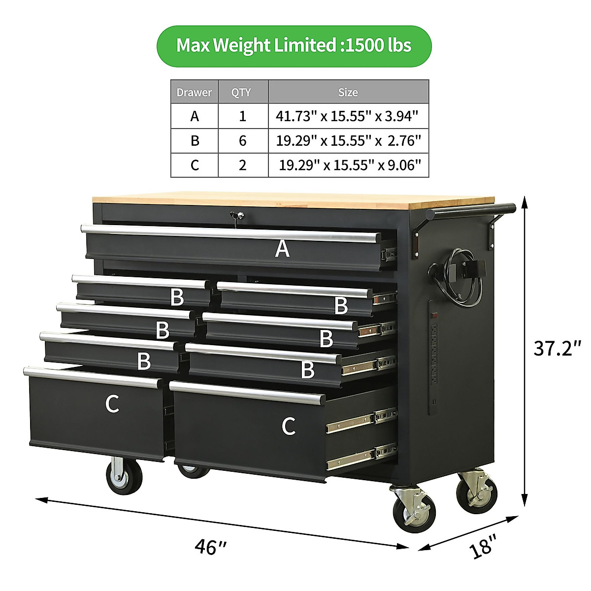 Rolling Tool Chest Cabinet Mobile Tool Storage Cabinet with Rubber Wood Top & 9 Drawers, Rolling Tool Box Heavy Duty Workstation Workbench for Garage, Workshop with Power Strip, 1500lbs Load Capacity