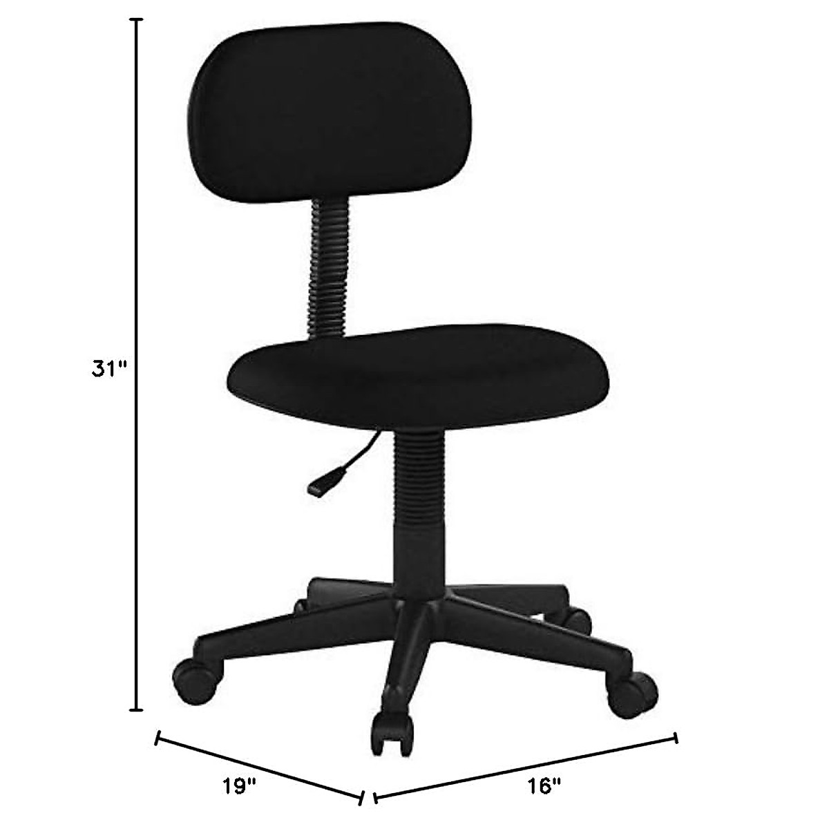 Hodedah Armless, Low-Back, Adjustable Height, Swiveling Task Chair with Padded Back and Seat in Black