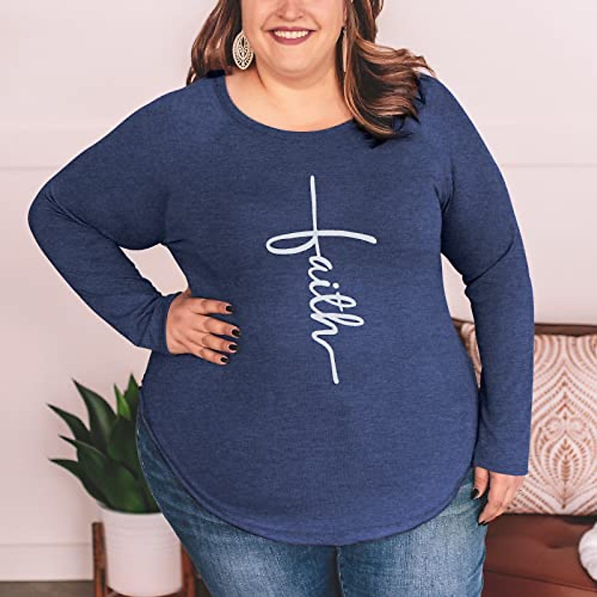 Plus Size Tops Women Faith Shirts Christian Inspirational Tshirt Long Sleeve Graphic Tees(A-02-a-blue,1X)