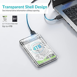 PHIXERO 2.5" Hard Drive Enclosure, 5Gbps USB 3.0 to SATA III Tool-Free External Hard Drive Enclosure for 2.5 inch 7mm/9.5mm SATA HDD & SSD [UASP Supported] Transparent