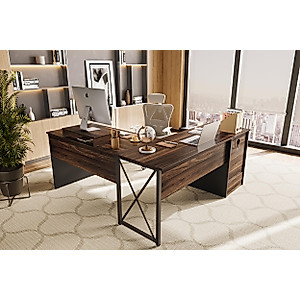 Bestier Lift Top L Shaped Desk with File Drawer, 55'' x 55'' Office Desk with Reversible Storage Drawers, L Shaped Standing Desk with Computer Monitor Stand (Walnut, 55'' x 55'')