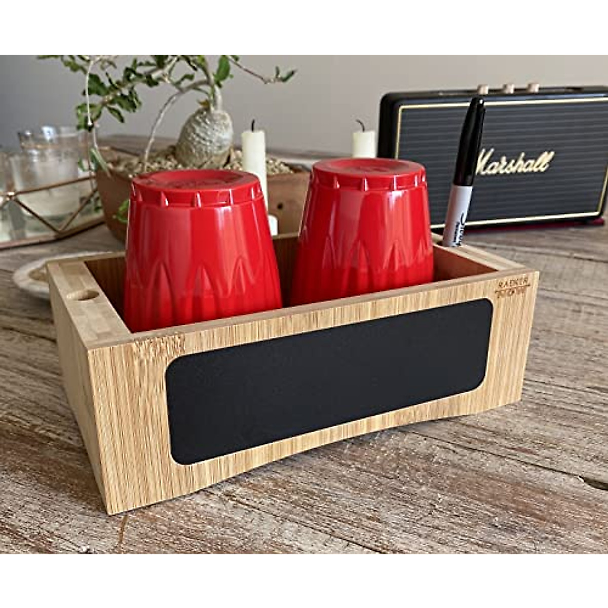 RaekerNow Organic Bamboo Double Solo Cup Holder with Marker Slot, Chalkboard and chalks for Disposable Cups, Party Organizer (Marker and Cups not Included)
