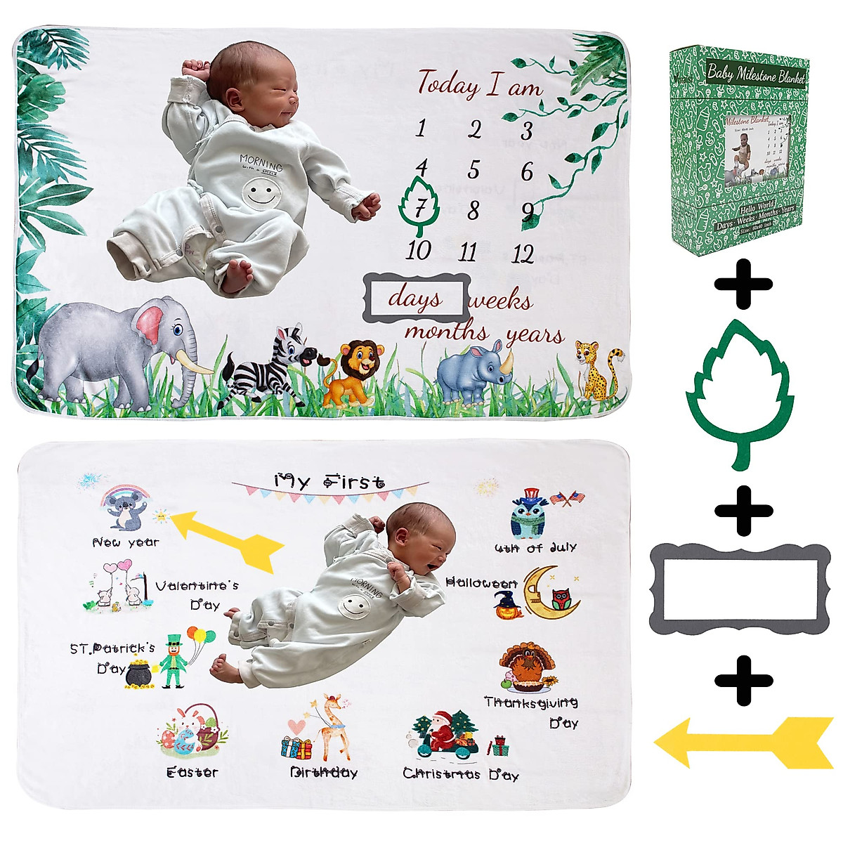 vmaisi Baby Milestone Blanket Gifts - Newborn Boy & Girl Monthly Year Infant Growth Blankets Nursery Swaddling Blankets (Green Animals, Double Printed)