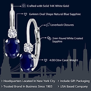 Gem Stone King 14K White Gold Blue Sapphire and White Created Sapphire Leverback Earrings For Women | 1.18 Cttw | Gemstone September Birthstone | Oval 6X4MM, Round 2MM | 3/4 Inch