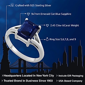 Gem Stone King 925 Sterling Silver Blue Sapphire Solitaire Engagement Ring For Women (2.45 Cttw, Emerald Cut 9X7MM, Gemstone September Birthstone, Available in Size 5,6,7,8,9)