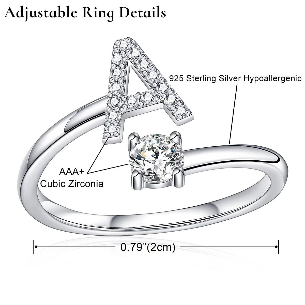 S925 Sterling Silver Initial Rings for Women Girls, Adjustable Initial Rings Cubic Zirconia Stackable Alphabet Letter A Rings for Teen Teenage Girls Teens Birthday Gifts for Daughter Granddaughter