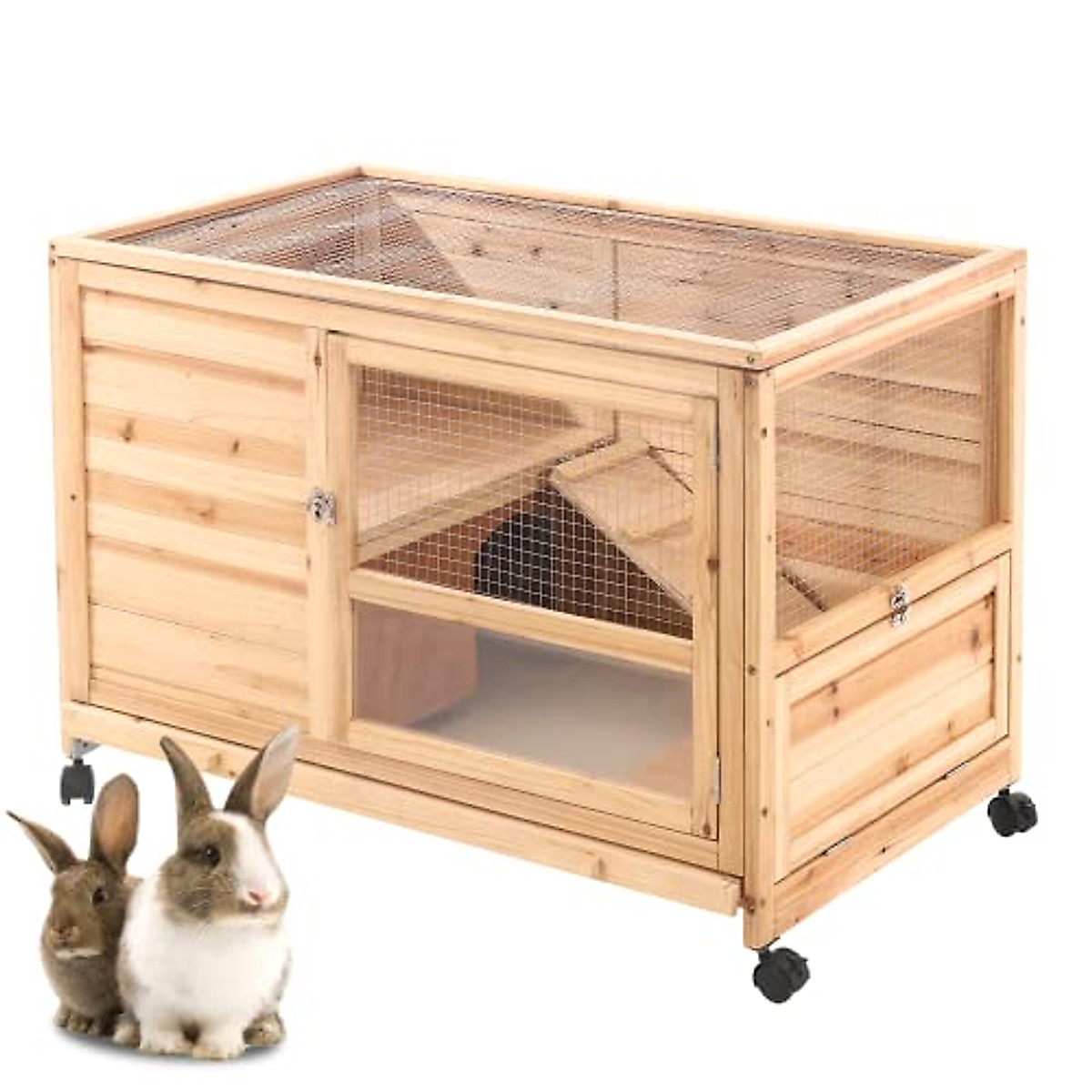 YOLENY Rabbit Hutch, Wooden Small Animal Cage, Bunny Hutch Indoor Rabbit Cage, Outdoor Guinea Pig Cage Hedgehog Cage, Removable Tray, Safety Lock, Galvanized Mesh Wires, Access Ramps