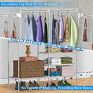 TeqHome Garment Rack, 42'' Freestanding Clothes Rack Shoe Clothing Organizer Shelves, Multifunctional Clothes Wardrobe with 4 Hooks & 2 Hanging Rods, Coated Iron Frame, Easy Assembly, Max Load 350lbs