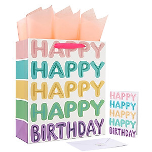 13" Large Colorful Gift Bag Set with Greeting Card and Tissue Papers (Happy Happy Happy Happy Birthday) for Girls' Birthday Party, Women's Birthday Parties, Baby Shower, Baby Girl - 10.2”x5.2”x13”, 1