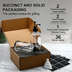 MFBJXC 2-Pack Coffee Syrup Dispenser for Coffee Bar, 16.9 oz 500 ml Glass Syrup Bottle with 36 Labels, Syrup Pump Dispenser for Coffee Bar(Black pump)