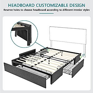 Alohappy Upholstered King Size Platform Bed Frame with 3 Storage Drawers, Mattress Foundation with Wooden Slats Support, Double-Row Support Bars, No Box Spring Needed, Dark Grey