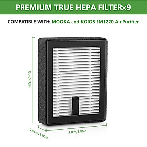 9-Pack PM1220 True HEPA Replacement Filter Compatible with MOOKA and KOIOS PM1220 Compact Desktop Air Purifier，3-in-1 True HEPA Replacement Filters