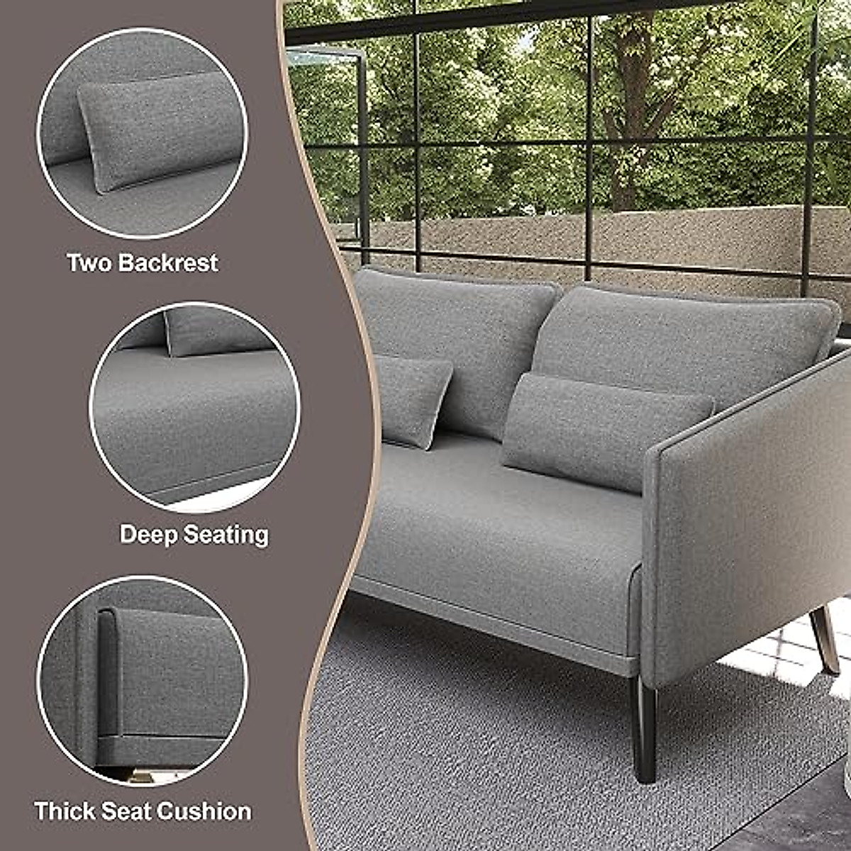 Lonkwa Loveseat Couch Sofa 59", Upholstered Couches for Living Room, Modern Fabric Love Seat, Mid Century 2 Seate Small Sofa with 2 Pillows - Small Space Office Bedroom Apartment, Light Grey
