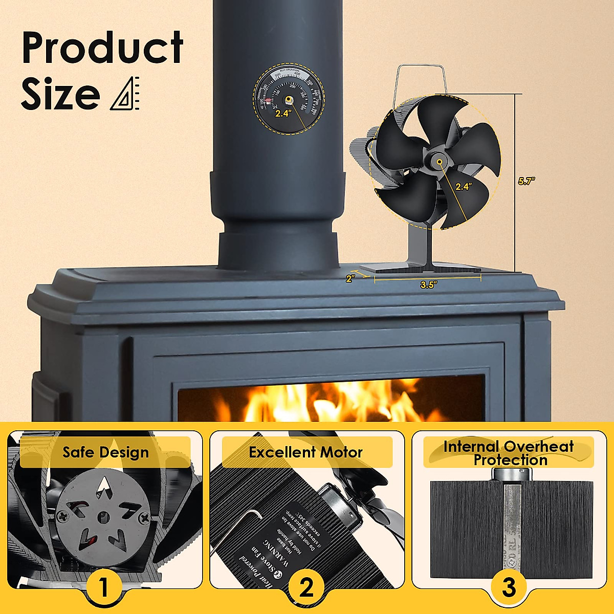 Heat Powered Stove Fan with Magnetic Thermometer, 5 Blade Wood Stove Fan, Ultra Quiet Non Electric Fireplace Fan for Wood Burner Stove/Log Burner/Fireplace