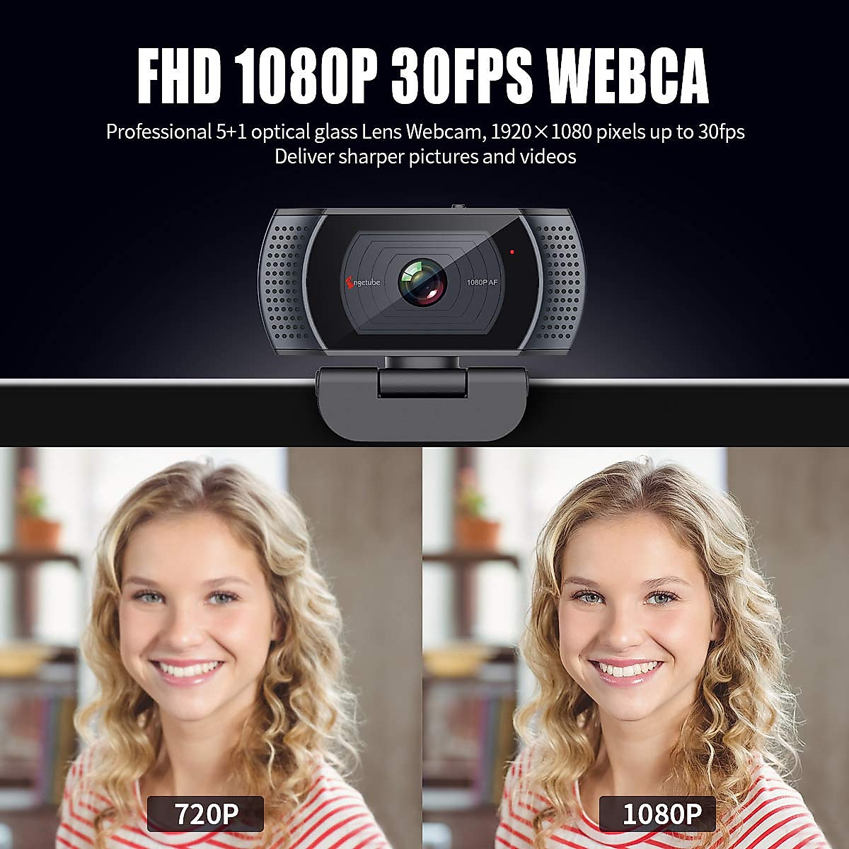 Angetube 1080P HD Webcam, USB Web cam with Autofocus Built-in Microphone & Privacy Cover，Webcam for Laptop，Streaming Web Camera for Skype/Zoom/FaceTime/Hangouts - Control Software Included