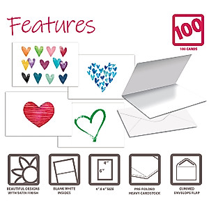 Better Office Products 100-Pack All Occasion Greeting Cards, Assorted Blank Note Cards, 4 x 6 inch, 6 Contemporary Heart Designs, Blank Inside, with Envelopes, 100 Pack