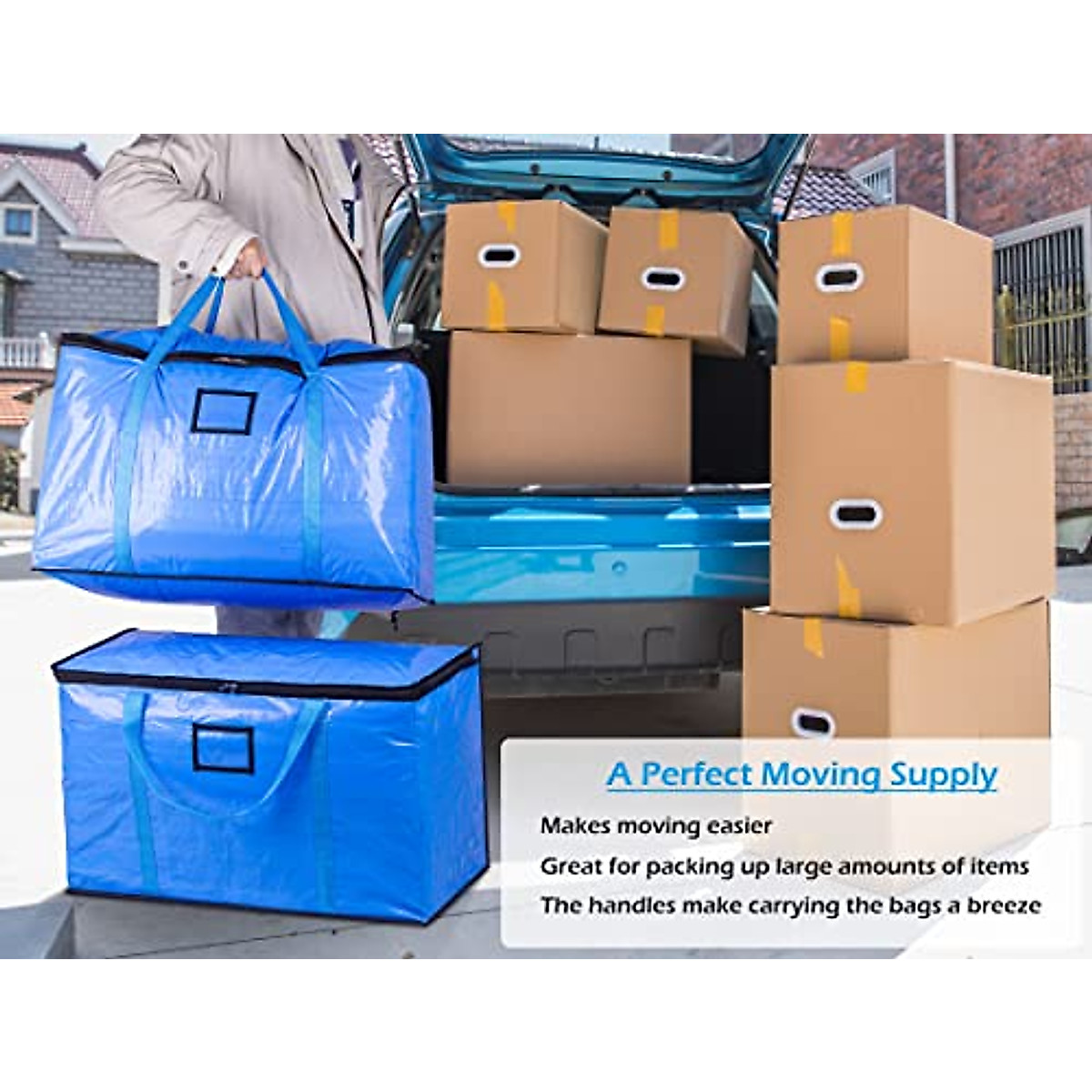 SLEEPING LAMB 110L Extra Large Moving Bags Heavy Duty Reusable Moving Totes Boxes Storage Containers for Clothes Comforters Blankets, Carrying, Travelling, College Dorm Packing, 4 Packs, Blue