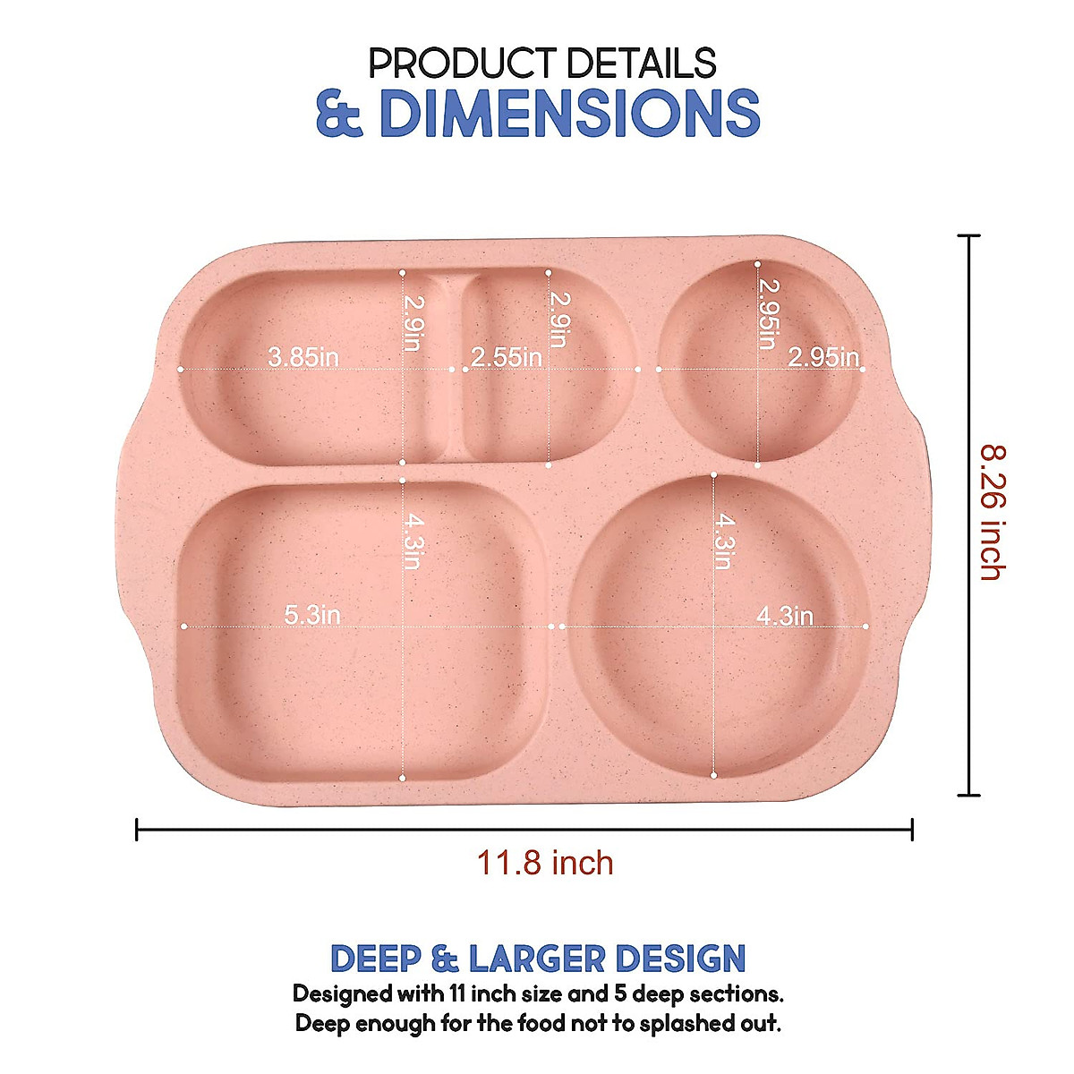 shopwithgreen Divided Plates for Kids Adults, 12 Inch (4PCS) Unbreakable Wheat Straw Section Plates, Large Lightweight Reusable Compartment Lunch Trays, BPA Free Dishwasher & Microwave Safe