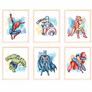 Nistio® Superhero Wall Decor, Superhero Wall Art for Boys Bedroom, Avengers Prints, Set of 6 Prints, Iron Man, Spiderman, Captain America, Hulk, Batman, Superman, Unframed, 8x10 inches