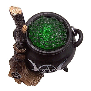 Light Up Cauldron with a Broom Figurine, Freestanding Tabletop Decoration, Halloween or Gothic Décor, 3 Inches