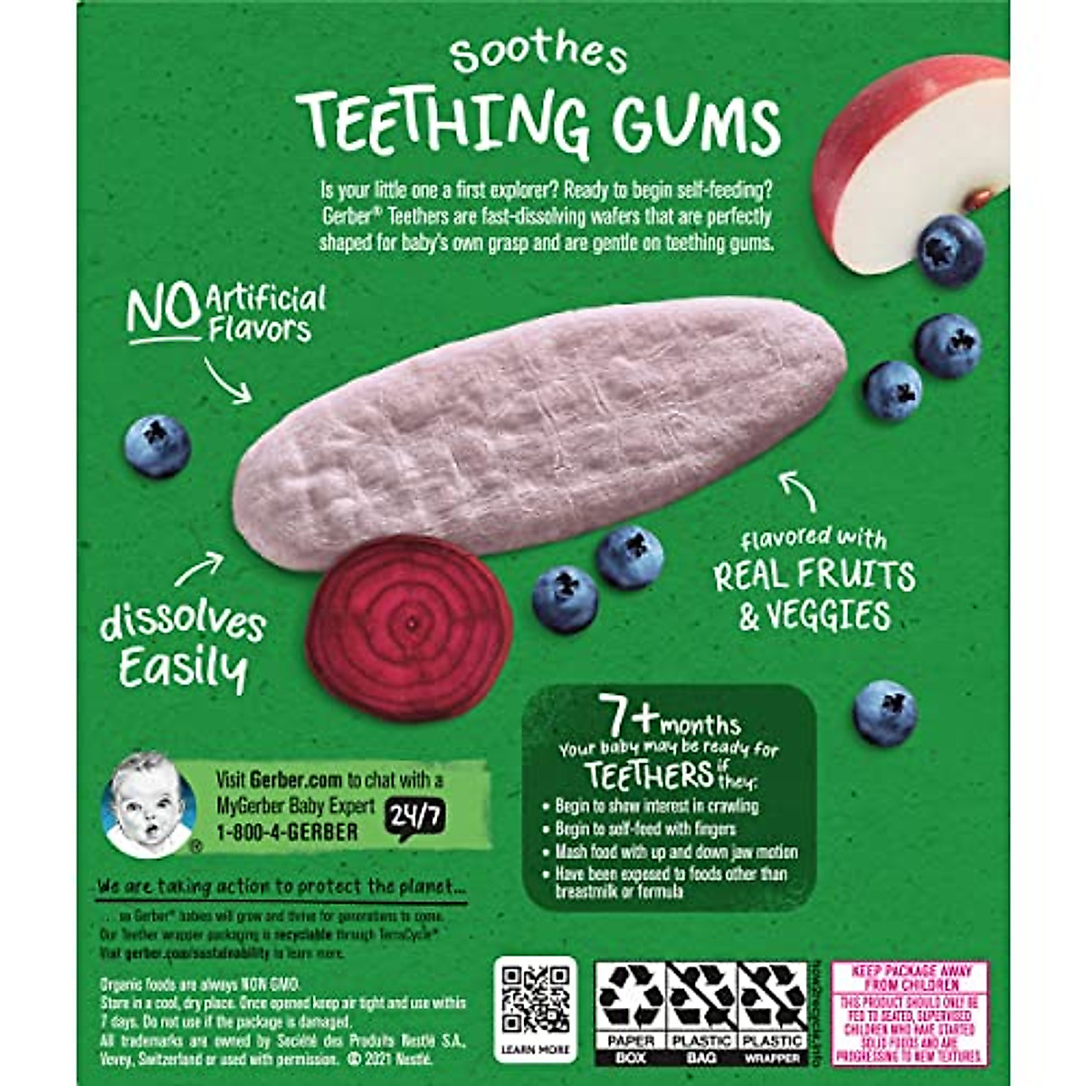 Gerber Snacks for Baby Teethers, Organic Gentle Teething Wafers, Blueberry Apple Beet, 1.7 Ounce, 12 Count Box