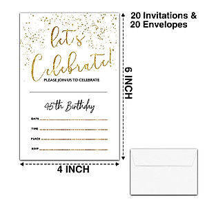 YSTEP 45th Birthday Party Invitations, 20 Invite Cards with Envelopes, 4" x 6" White and Gold Confetti Birthday Invites - C24