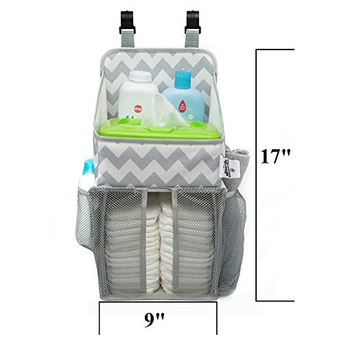 Chevron Pattern Diaper Caddy and Nursery Organizer for Newborn Baby Essentials, Hang on Crib, Baby Bed. Changing Table or Wall. Multiple Pockets to Store Wipes, Creams, Lotions, Toys and More.