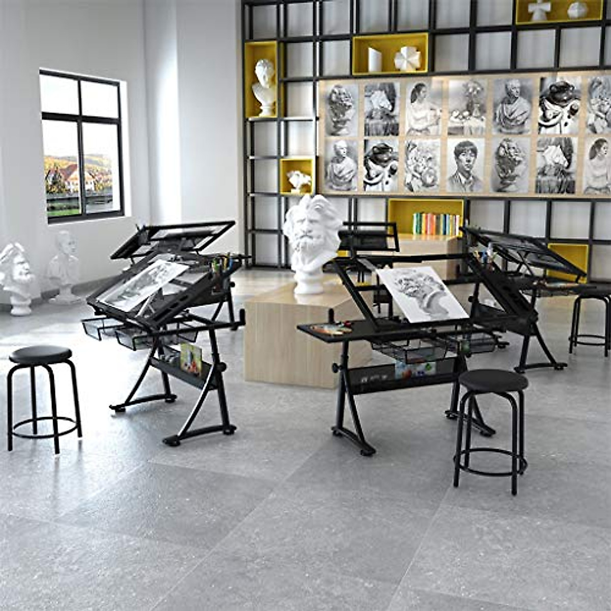 VejiA Drafting Table with Storage, Height Adjustable Tiltable Art Desk, Glass Panel Drawing Desk, for Work Study Painting Craft Table