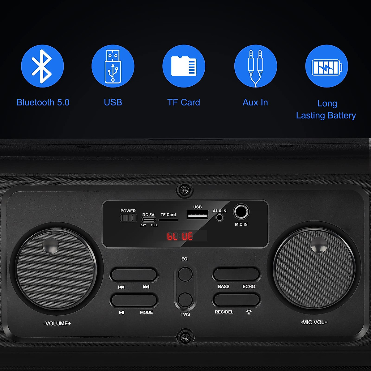 Hotec Karaoke Machine - Portable Bluetooth PA Speaker with Two Wireless Microphones, LED Party Lights, TF Card/USB Music, AUX Input, REC, and TWS for Adults and Kids