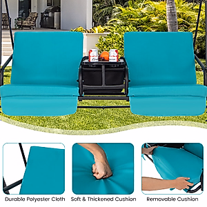 Tangkula 2 Person Porch Swing, Outdoor Swing with Pivot Storage Table, Cooler Bag, 2 Cup Holders, Removable Cushions, Patio Swing with Canopy for Backyard Balcony Poolside (Turquoise)
