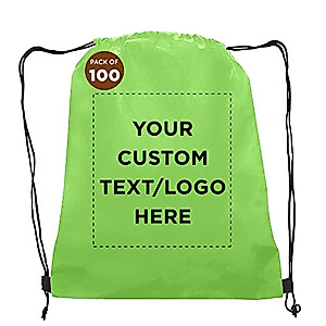 Personalized Drawstring Durable Backpack Non-Woven - 100 Pack - Customizable Text -Sports Back Pack Perfect For Training and Gym - Strong 80 GSM Polypropylene Material - 24 inches Rope String - Lime Green