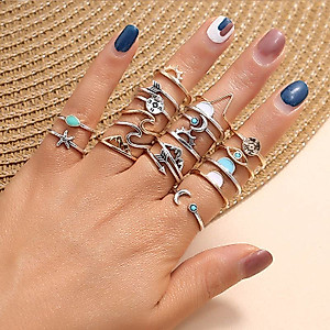 TWINKLEDE 19Pcs Finger Rings Silver Stackable Rings Statement Knuckle Ring Set Moon Star Wave Joint Accessories for Women