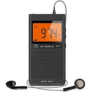 AM FM Portable Radio with Best Reception, Pocket Transistor Radio with Big Digital Screen, Stereo Earphone Jack, Sleep Timer and Alarm Clock Operated by 2 AAA Batteries for Jogging, Walking(Black)
