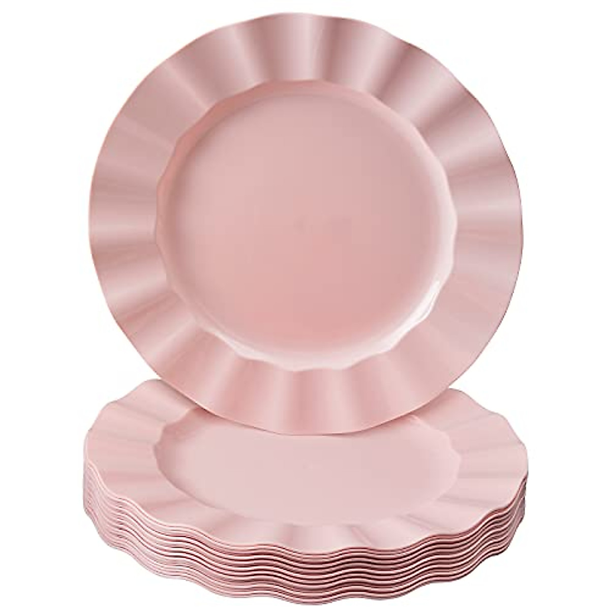 SILVER SPOONS Elegant Plastic Plates for Party with Scalloped Rim (10 PC), Disposable Heavy-Duty Dinner Plates for Wedding Reception - 11.25”, Fancy Plastic Dinnerware Sets - Pink