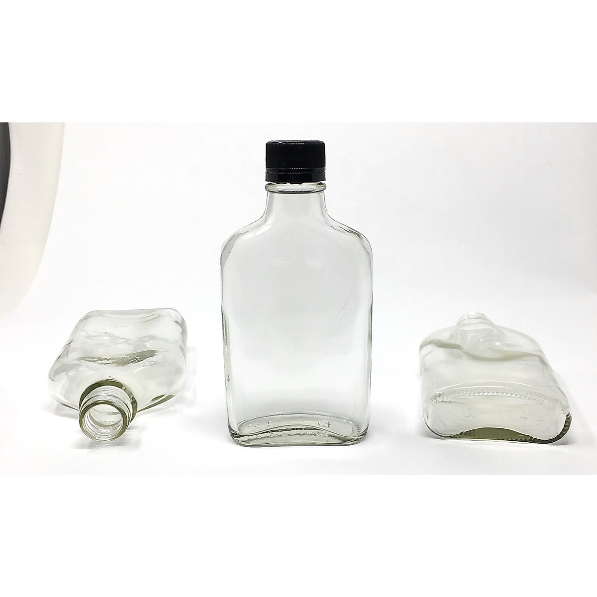 200 ml (6.6 oz) Glass Flask Liquor Bottle with Black Caps (6 Pack)