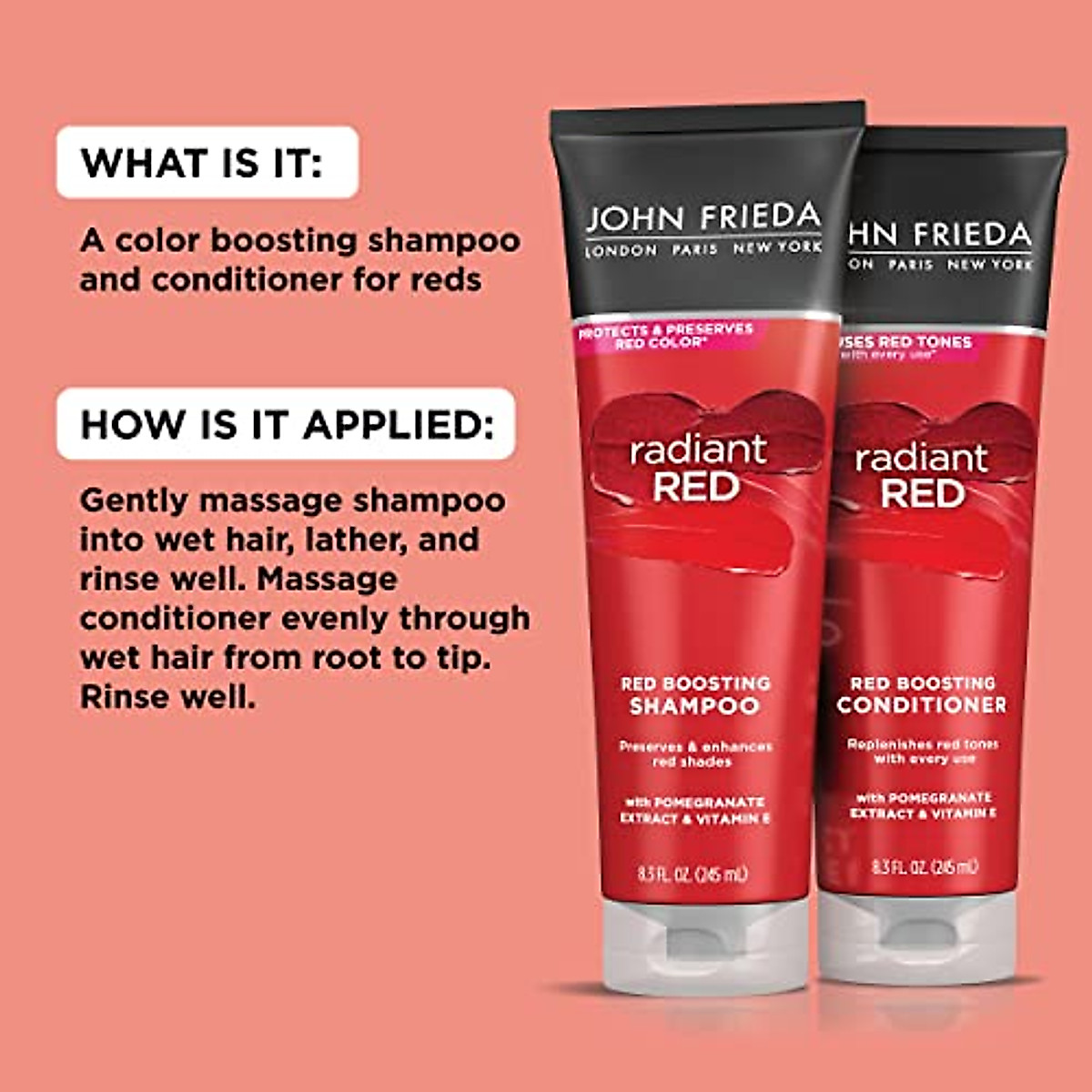 John Frieda Radiant Red Shampoo & Conditioner Bundle, Enhancing Shampoo & Conditioner, Helps Enhance Shades, with Pomegranate and Vitamin E