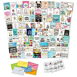 100 Unique Birthday Cards Assortment with Greetings Inside, Gold Foil Printing, Assorted Color Envelopes, 6 Sticker Designs to Seal Envelopes. 4x6 Inch