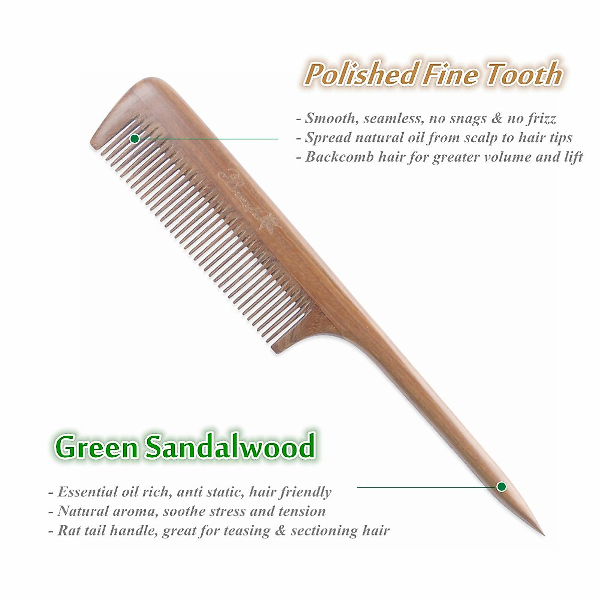 Breezelike Hair Combs - Sandalwood Fine Tooth Comb - No static Natural Aroma Wooden Tail Comb for Women