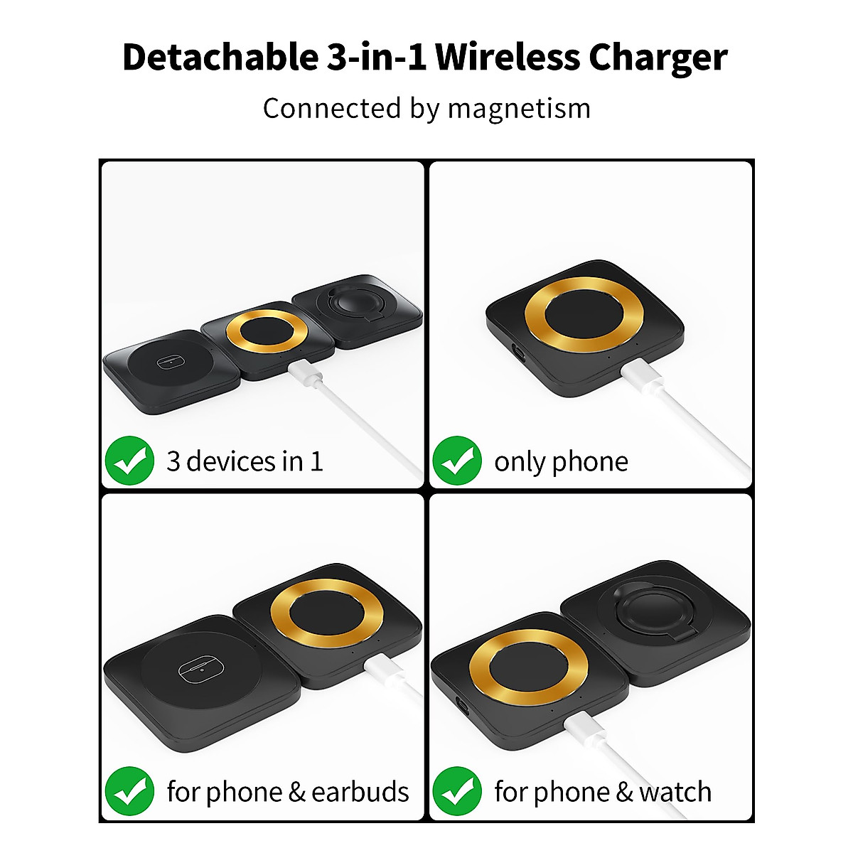 3 in 1 Wireless Charger for iPhone, iAXBi Magnetic Cell Phone Charging Station, Detachable Travel Charger Pad for iPhone 14/13/12 Series AirPods 3/2/Pro iWatch(Adapter not Included)