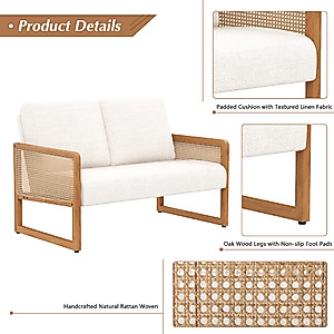 Apeaka Small Loveseat Sofa with Rattan Arms Linen Mini Couch for Living Room Bedroom Modern Upholstered Love Seat with Wood Legs Ivory