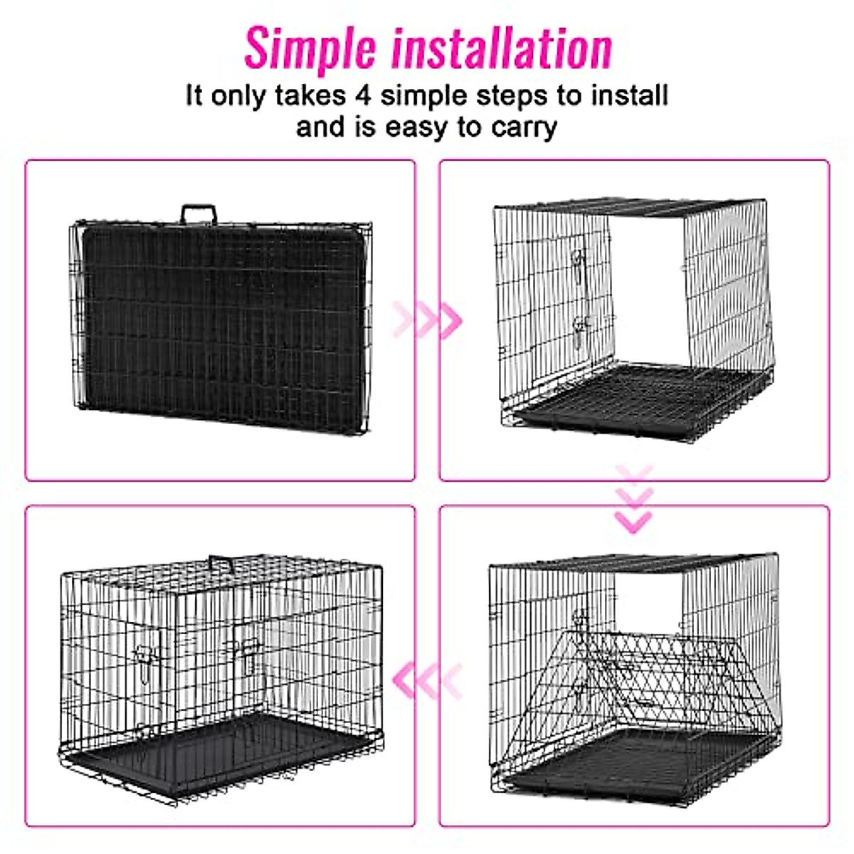 FDW Dog Crate Dog Cage Pet Crate for Large Dogs Folding Metal Pet Cage Double Door W/Divider Panel Indoor Outdoor Dog Kennel Leak-Proof Plastic Tray Wire Animal Cage (Black, 48 Inch)