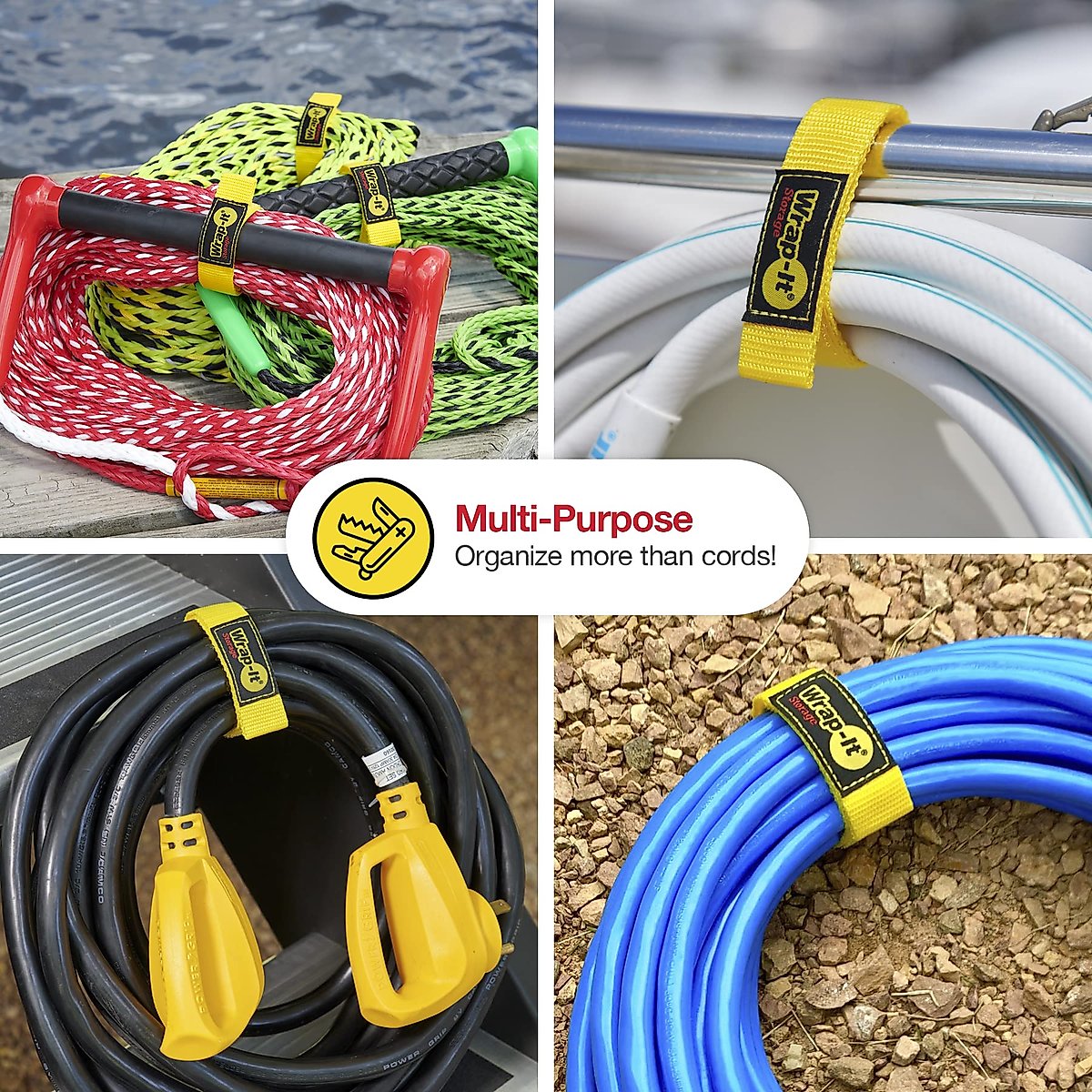 Quick-Straps by Wrap-It Storage - 12" (12 Pack) Yellow - Extension Cord Holder for RV and Boat Organizing