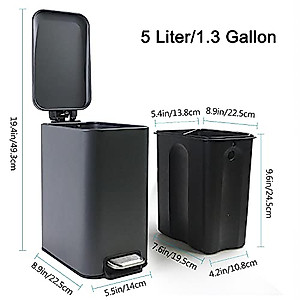 1.3 Gallon/5 Liter Small Trash Can with Lid Soft Close, Removable Inner Wastebasket, Rectangular Step Trash Can, Slim Garbage Can for Bathroom Bedroom Office, Anti-Fingerprint Matte Finish, Light Gray