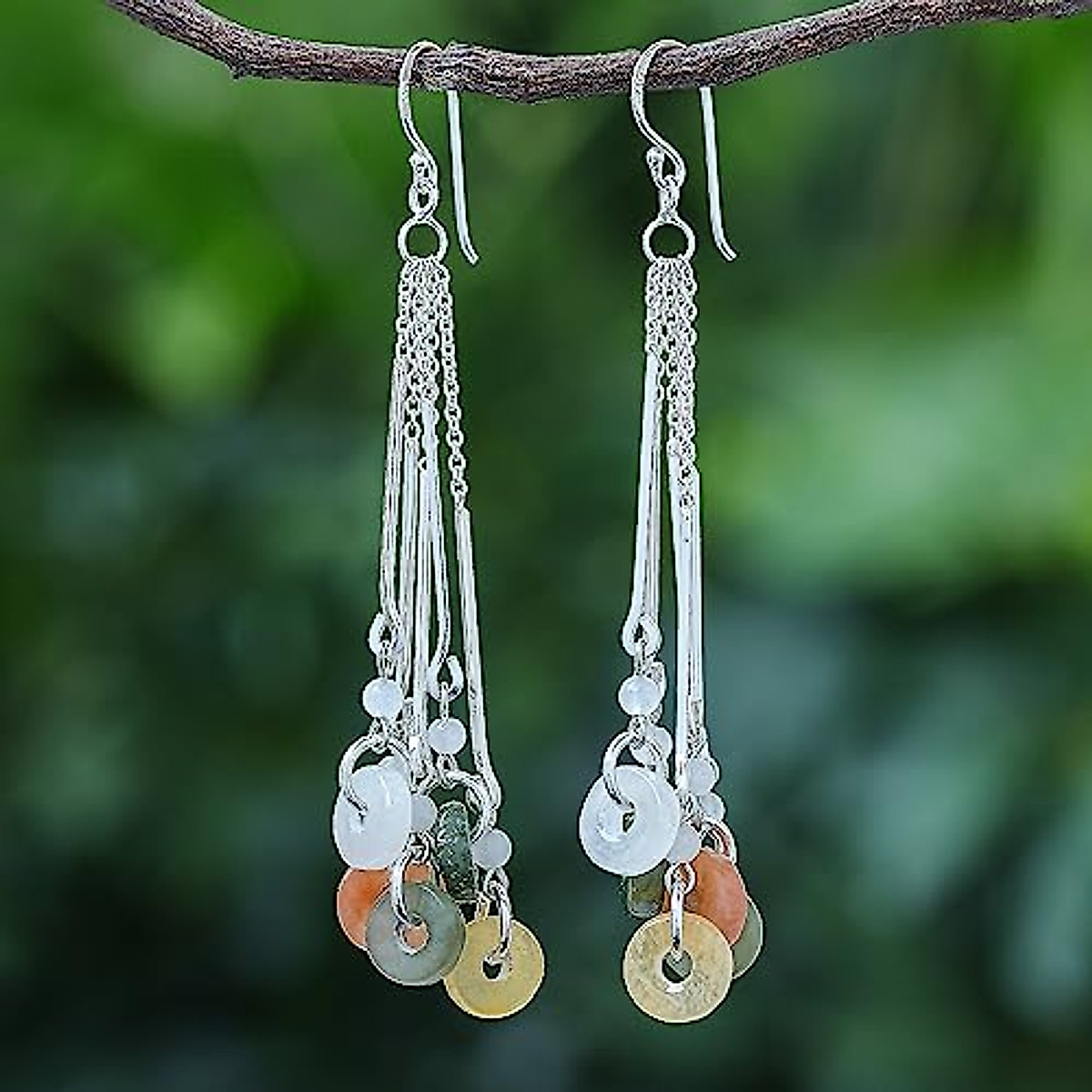 NOVICA Artisan Handmade Jade Quartz Waterfall Earrings | .925 Sterling Silver Glass Bead Dangle Earrings | Multi-color Stones Dangle Earring | Handcrafted Jewelry | Earthy Blend Themed Thailand