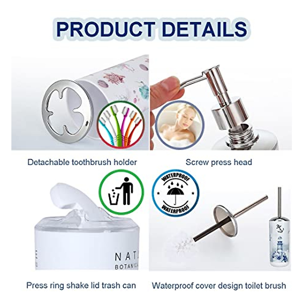 BFYLSQUE Lighthouse Bathroom Accessory Set, 6 Pieces Luxury Bath Accessories Bath Set Lotion Bottles Toothbrush Holder Tooth Mug Soap Dish Toilet Brush Rubbish, for Modern Design - Plastic