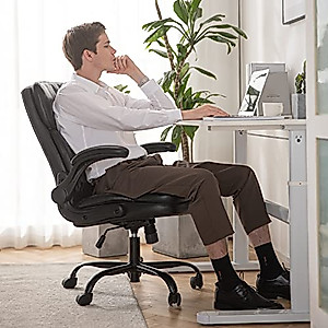 COLAMY Office Chair High Back Executive Computer Chair-Ergonomic Home Office Chair with Padded Flip-up Arms, Adjustable Height and Tilt Lock, Swivel Task Chair with Thick Leather for Comfort, Black